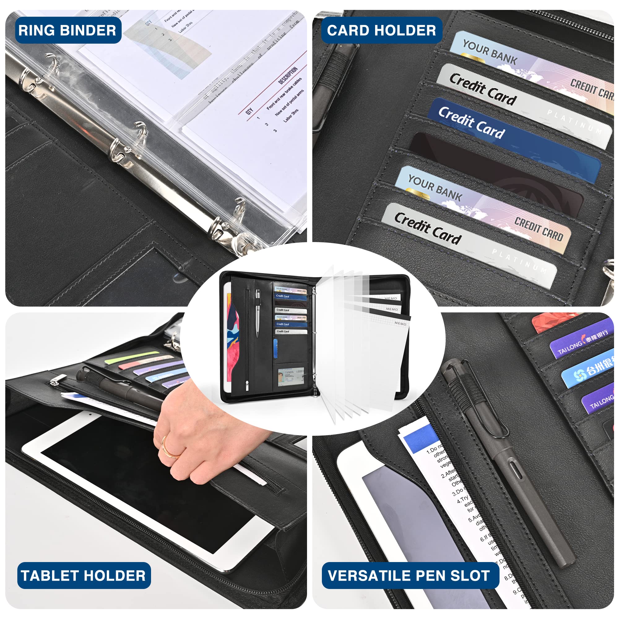 Sbrinnaliao 3-Ring Padfolio Portfolio Binder Organizer,PU Leather Folder Binder Business Planner Notebook Zippered Portfolio for Women/Men with Document Sleeve,Letter/A4 Size Clipboard