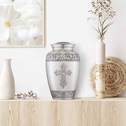 Reminded Adult Cremation Memorial Urn for Human Ashes, Pewter Etched Cross Brass Funeral Urn with Velvet Bag