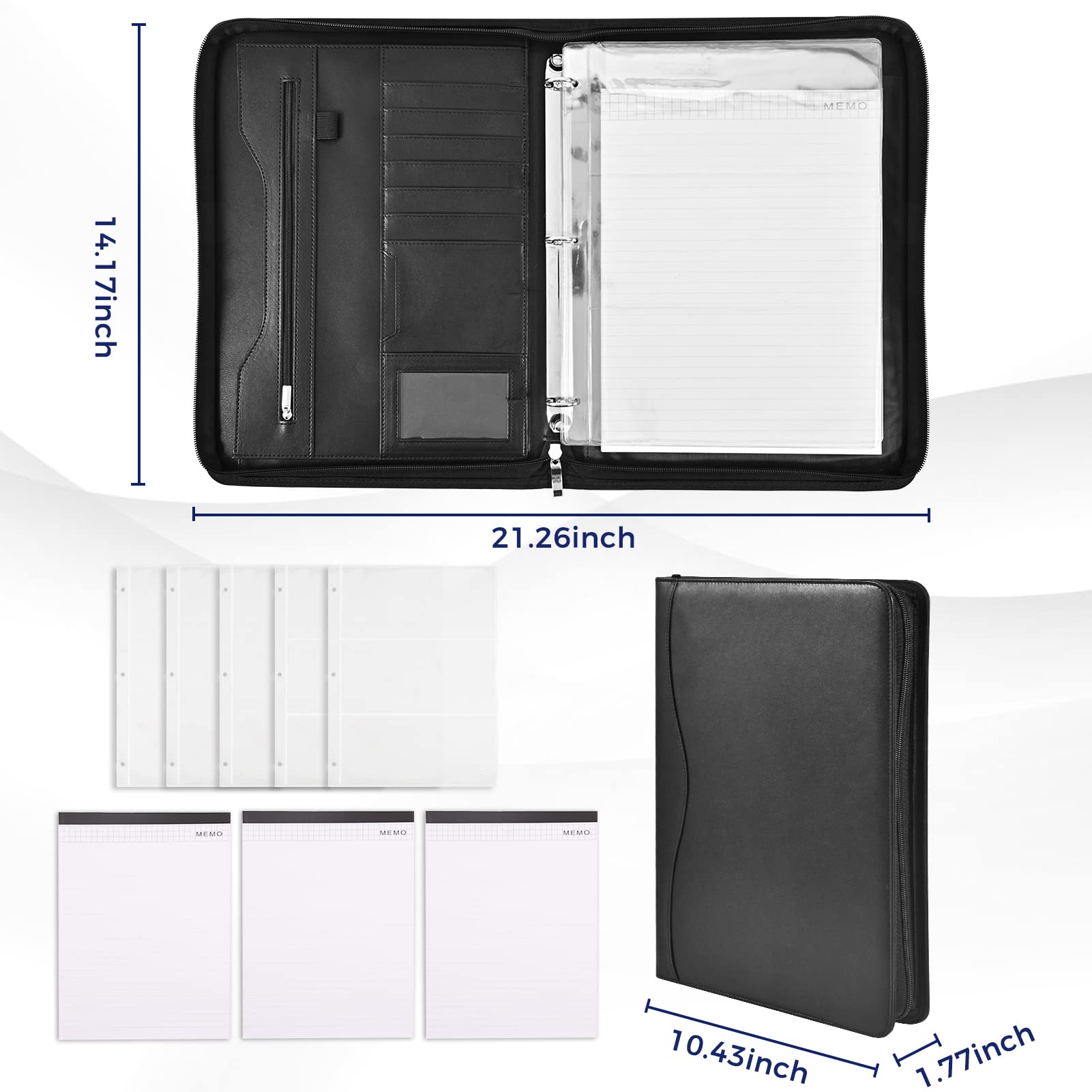 Sbrinnaliao 3-Ring Padfolio Portfolio Binder Organizer,PU Leather Folder Binder Business Planner Notebook Zippered Portfolio for Women/Men with Document Sleeve,Letter/A4 Size Clipboard