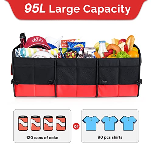 Simniam Car Trunk Organizer Large 95L, Foldable, Non-Slip, Car Storage Organizer Made of Thick Material, Apply to Organizing The Trunk Outdoor Travel Shopping Camping - Red