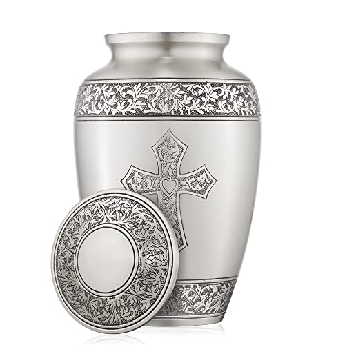Reminded Adult Cremation Memorial Urn for Human Ashes, Pewter Etched Cross Brass Funeral Urn with Velvet Bag