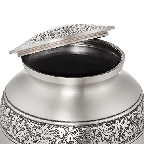 Reminded Adult Cremation Memorial Urn for Human Ashes, Pewter Etched Cross Brass Funeral Urn with Velvet Bag