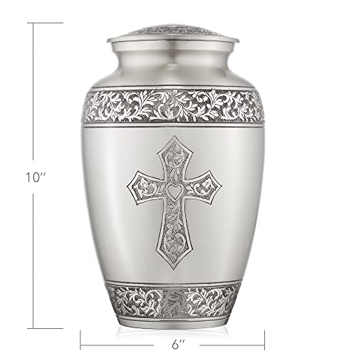Reminded Adult Cremation Memorial Urn for Human Ashes, Pewter Etched Cross Brass Funeral Urn with Velvet Bag