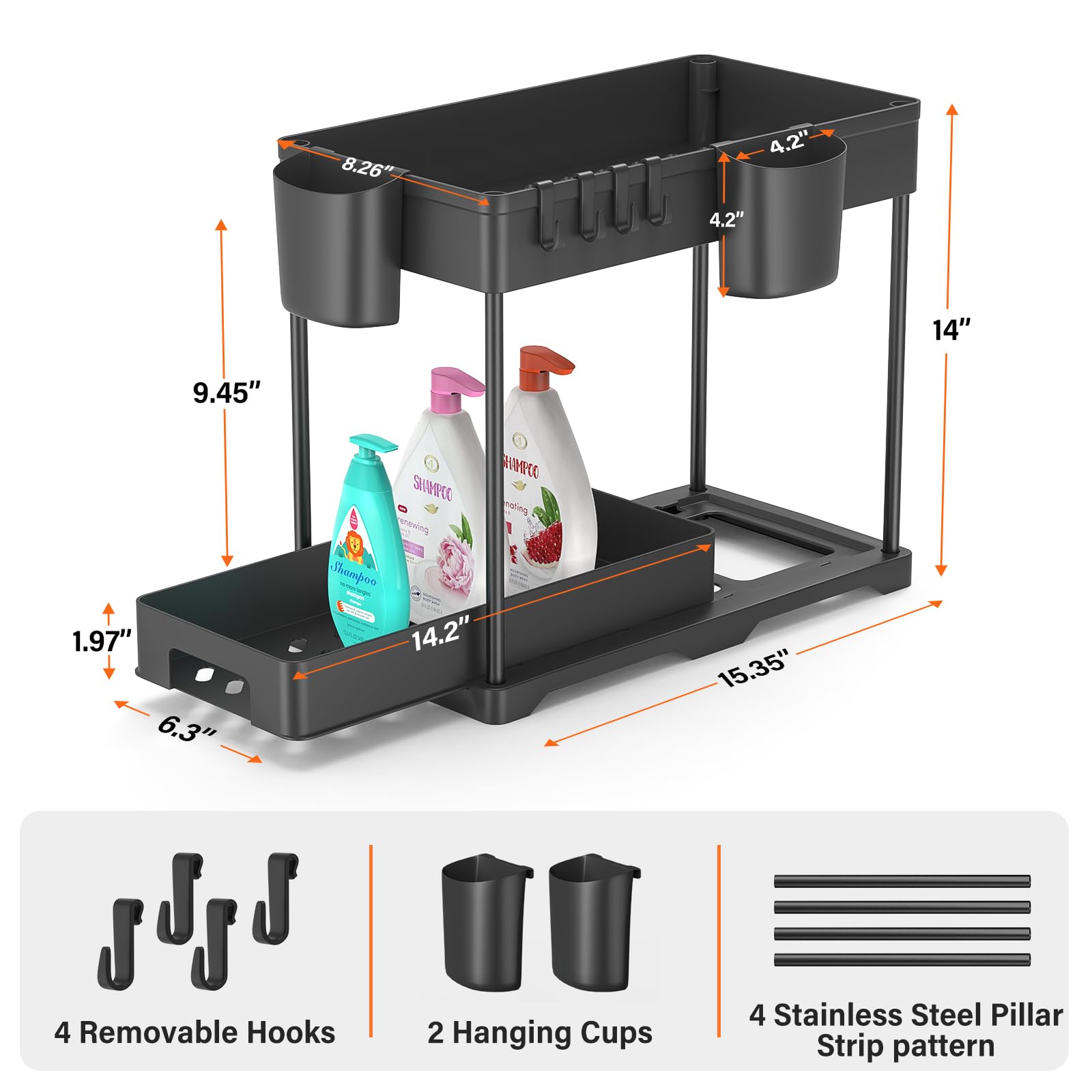 HINZER Under Sink Organizers and Storage, Slide Out Kitchen Cabinet Organizer 2 Tier Bathroom Counter Organizer with Hooks, Hanging Cups, Dividers, Multipurpose Cleaning Supplies Organizer for Home