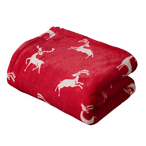 FY FIBER HOUSE Christmas Home Decor Flannel Fleece Throw Blanket for Couch Sofa with Reindeer Print,60"X80", Red