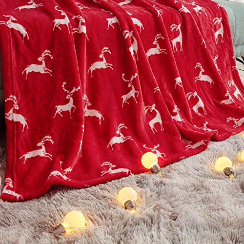 FY FIBER HOUSE Christmas Home Decor Flannel Fleece Throw Blanket for Couch Sofa with Reindeer Print,60"X80", Red