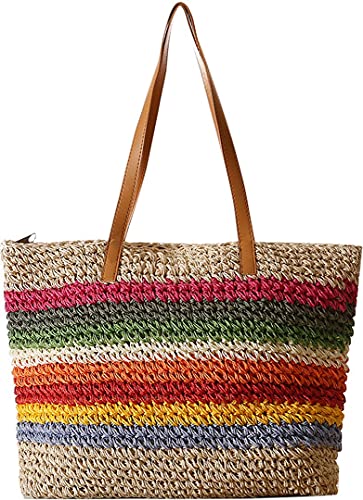 QZUnique Straw Handbags Rainbow Stitching Leather strap Shoulder Bag Women's Summer Beach Natural Casual Tote Bag Messenger Portable Bag