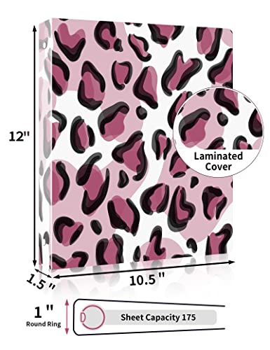 SUNEE 3 Ring Binder 1 Inch, Cute Binder with 2 Pockets, Decorative Pink Leopard Three Ring Binder Heavy Duty (Fit 8.5x11 Inches) for School Supplies, Office Binder Supplies