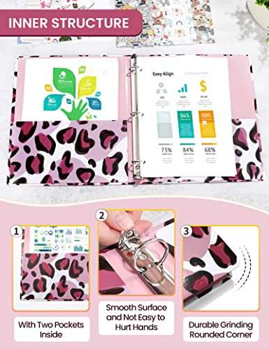 SUNEE 3 Ring Binder 1 Inch, Cute Binder with 2 Pockets, Decorative Pink Leopard Three Ring Binder Heavy Duty (Fit 8.5x11 Inches) for School Supplies, Office Binder Supplies