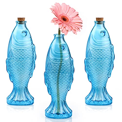 MDLUU 3-Pack Fish Shaped Glass Bottles, Decorative Bottles with Cork Stopper, Fish Decanters for Gift, Bar, Home Decor, Capacity 500ml/17.5oz (Blue)