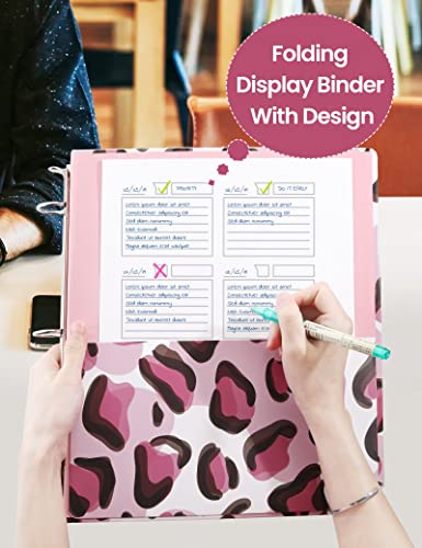 SUNEE 3 Ring Binder 1 Inch, Cute Binder with 2 Pockets, Decorative Pink Leopard Three Ring Binder Heavy Duty (Fit 8.5x11 Inches) for School Supplies, Office Binder Supplies