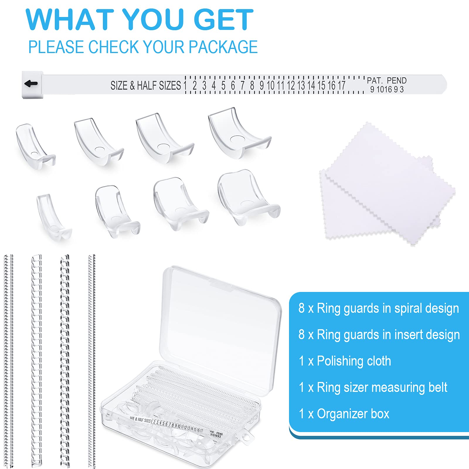Ring Size Adjusters Set for Loosing Rings in 2 Styles, 12 Sizes, Ring Size Reducer Spacer Ring Guard Ring Resizer Tightener with Ring Sizer Measuring Belt, Jewelry Cloth and Organizer (16 Pieces)