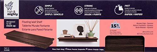 HIGH & MIGHTY Decorative Floating Shelf Holds up to 15lbs Easy Tool-Free Dry Wall Installation, 18", Espresso