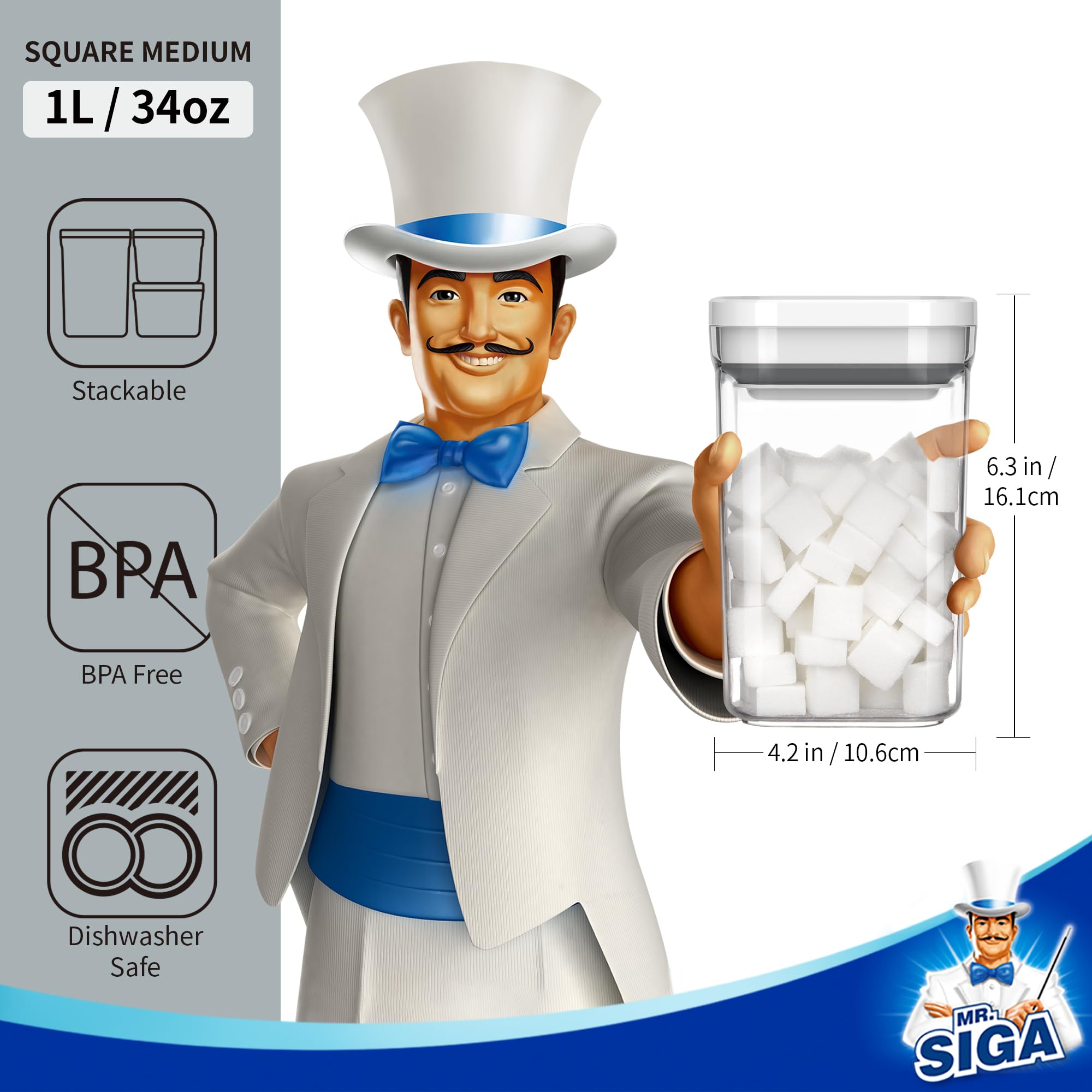 MR.SIGA 4 Pack Airtight Food Storage Container Set, BPA Free Kitchen Pantry Organization Canisters with One-Handed Leak Proof Lids, 1L / 33.8oz, Medium, White