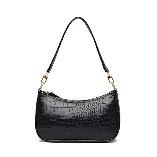 Women Shoulder Bags Retro Crocodile Purse Classic Clutch Shoulder Tote Handbag with Zipper Closure for Women (Black)
