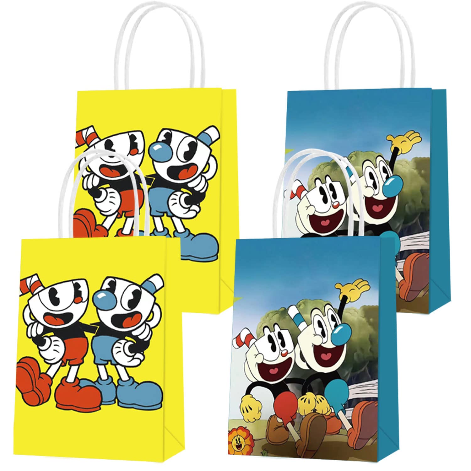 leiquyeah 16pcs Cup Head TV Show Party Favor Bags, Cartoon Theme Birthday Paper Gift Bags with Handles for Decorations Goody Treat Candy (023)