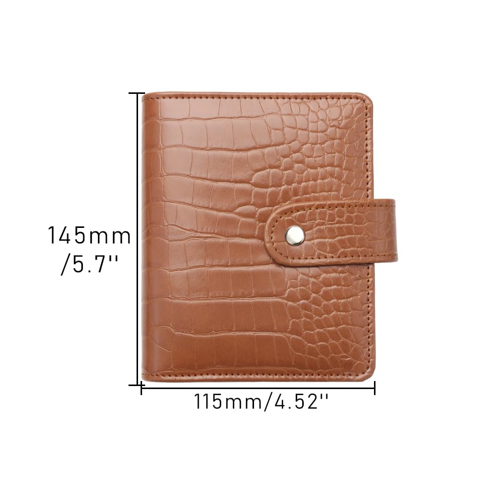 A7 Crocodile Budget Planner, Brown Leather Wallet with Snap Closure, 6-Ring Binder Cover for Money Saving Organizer