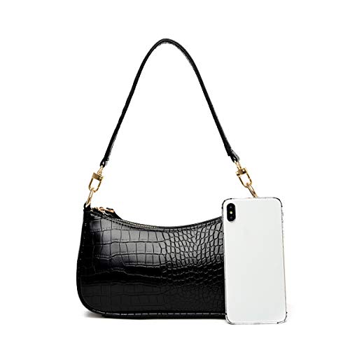 Women Shoulder Bags Retro Crocodile Purse Classic Clutch Shoulder Tote Handbag with Zipper Closure for Women (Black)