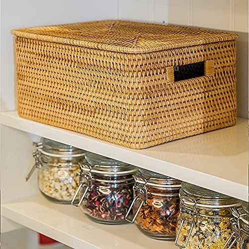 FIYAMMY Rattan Basket With Lid, Large Lidded Basket For Storage Rattan Box(15.3" L×11.4"W×9.5"H)