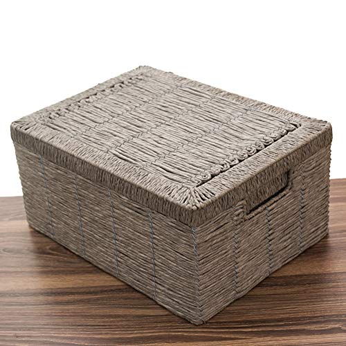 MAHFEI-Storage Baskets Rattan Storage Box Hand Made Clothing Toy Book Finishing Flip Design Iron Frame Structure Built-in Handle, 3 Colors (Color : Gray, Size : 40x30x19cm)