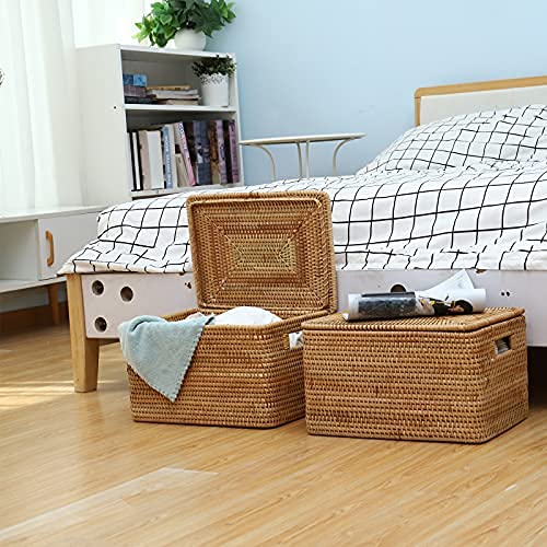 FIYAMMY Rattan Basket With Lid, Large Lidded Basket For Storage Rattan Box(15.3" L×11.4"W×9.5"H)