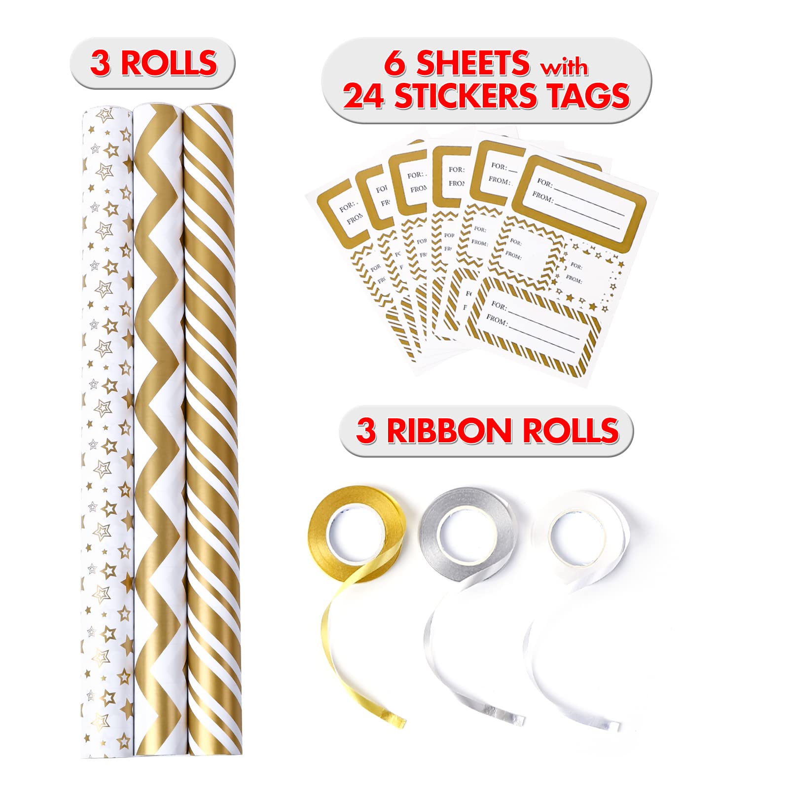 Packanewly Wrapping Paper Set - 17 inch x 120 inch White Gold Designs Mini Roll with Ribbon and Tag Stickers (3-Pack, 42.3 sq.ft.ttl.)