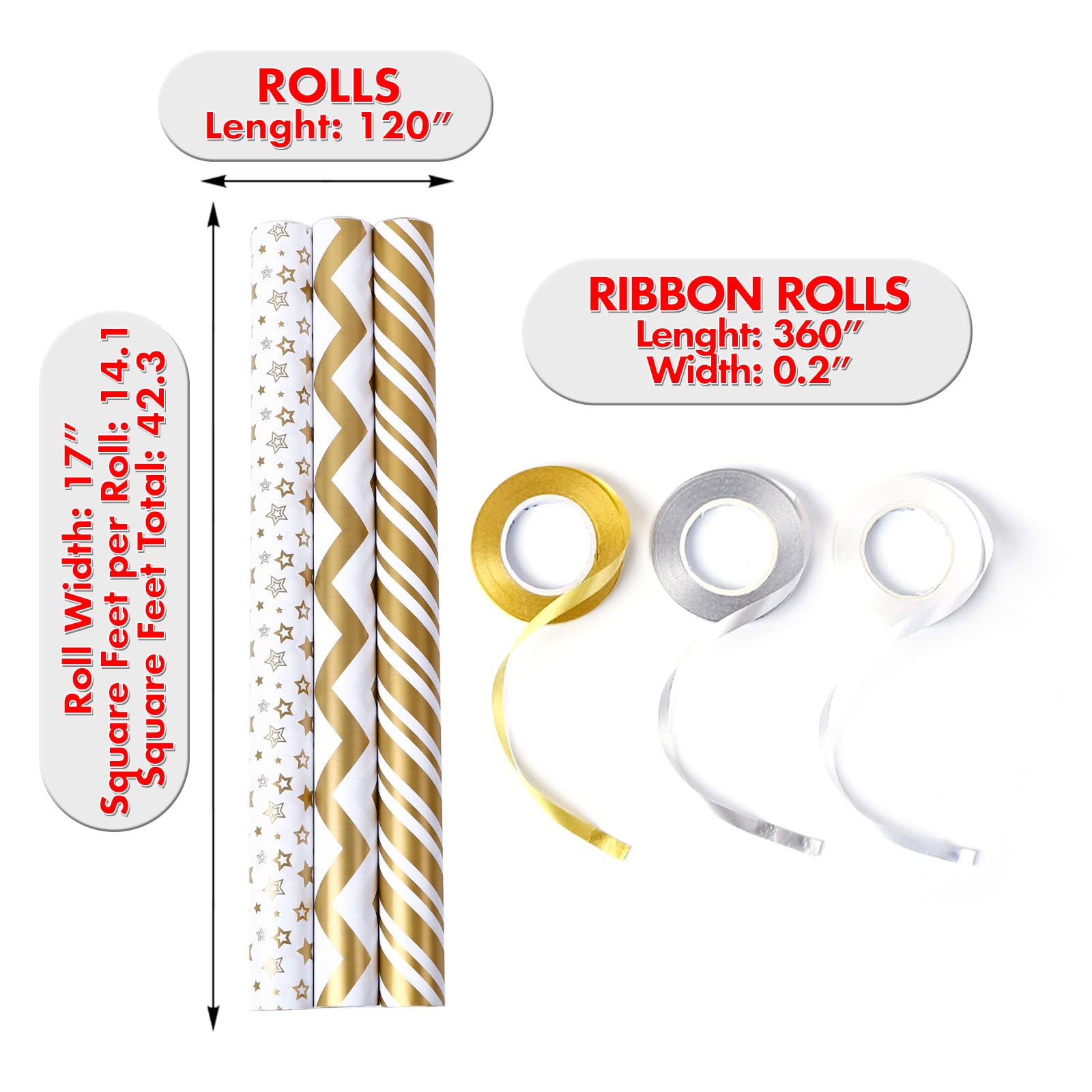 Packanewly Wrapping Paper Set - 17 inch x 120 inch White Gold Designs Mini Roll with Ribbon and Tag Stickers (3-Pack, 42.3 sq.ft.ttl.)