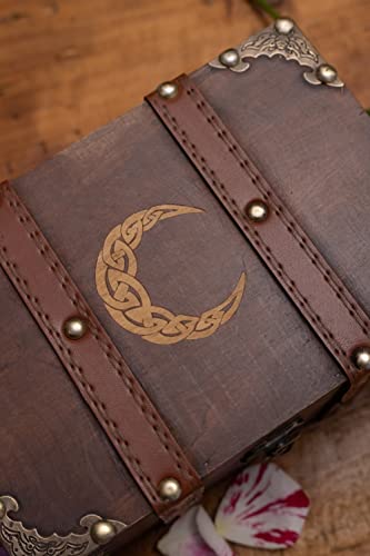 Gbrand 8.3" Wood and Leather Celtic Moon Chest Box, Crescent Wooden Box with Velvet Lining, Vintage Tarot Box (Box Only)