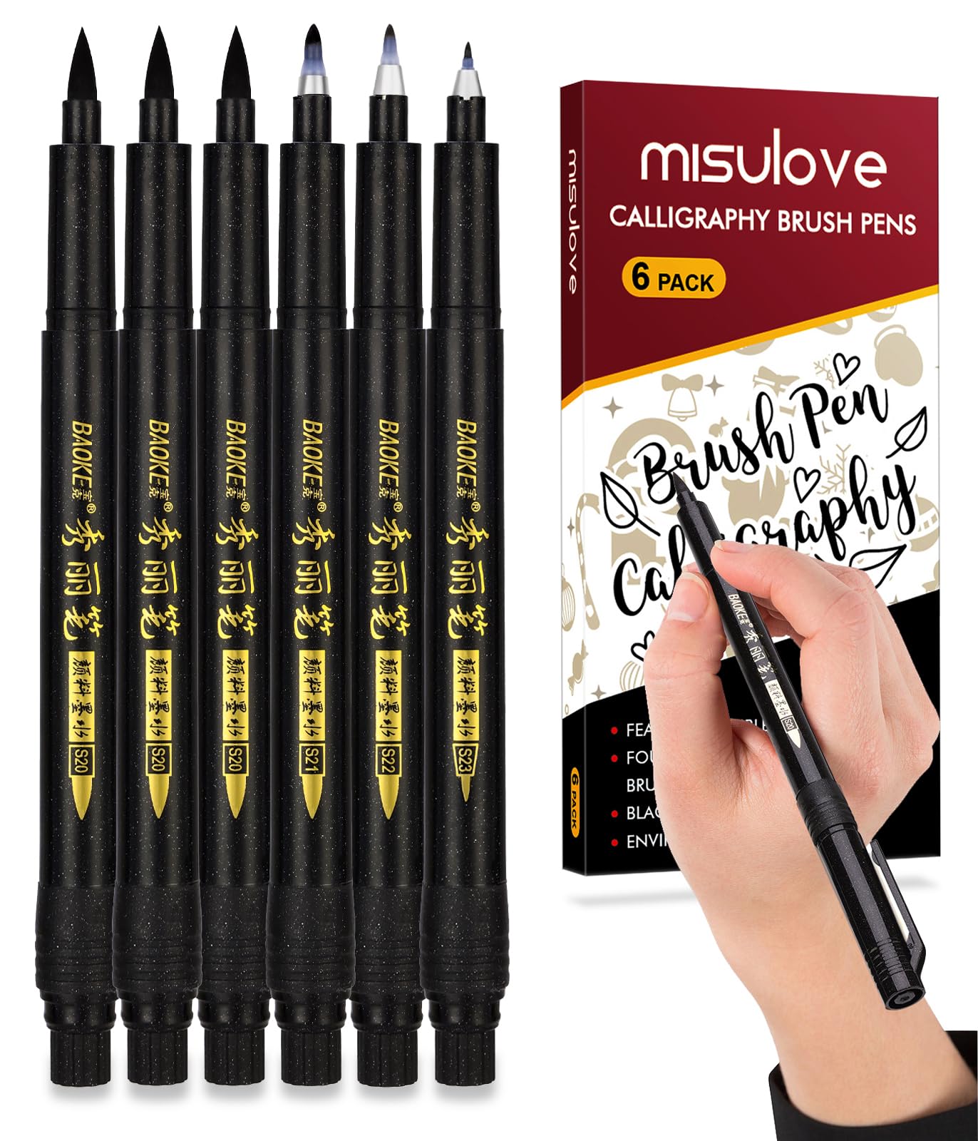MISULOVE Hand Lettering Pens, Calligraphy Pens, Brush Markers Set, Soft and Hard Tip, Black Ink Refillable - 4 Size(6 Pack) for Beginners Writing, Art Drawings, Water Color Illustrations, Journaling