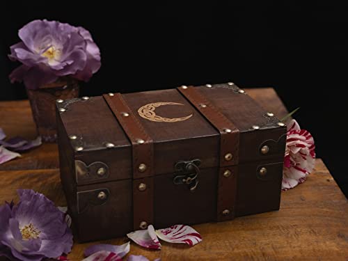 Gbrand 8.3" Wood and Leather Celtic Moon Chest Box, Crescent Wooden Box with Velvet Lining, Vintage Tarot Box (Box Only)