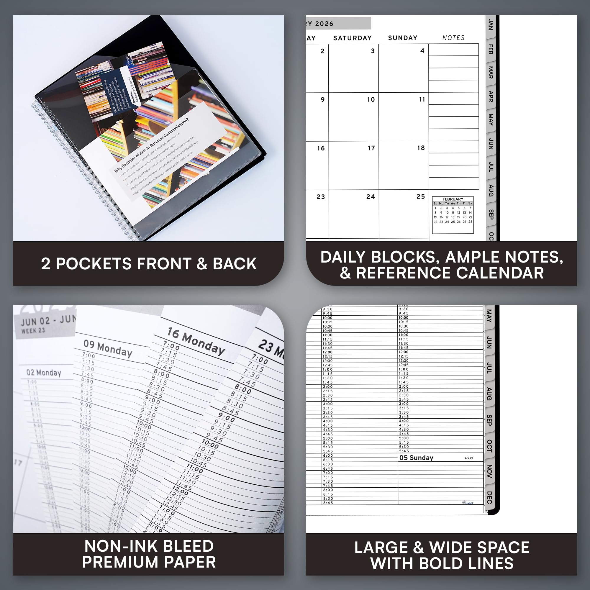 2023 Ensight Tabbed Appointment Book & Planner (8.5 x 11) inches, Daily Hourly Weekly Planner, Calendar and Schedule Book 15-Minute time Slots, Durable Twin-Wire Fastening, Business and Personal (2023 Black New Edition)
