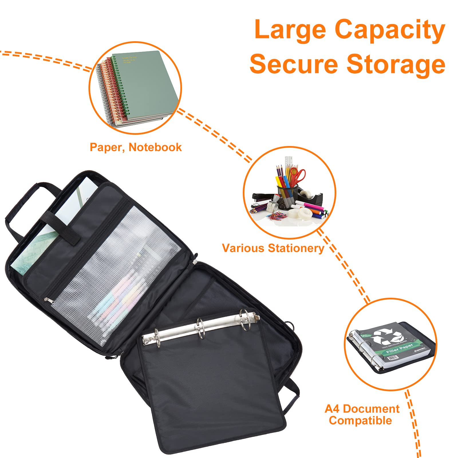 Zipper Binder, 2 Inch 3-Ring Binder with Zipper, Multi Pockets Organizer Binder, 500 Sheet Capacity, Comes with Shoulder Strap, Black