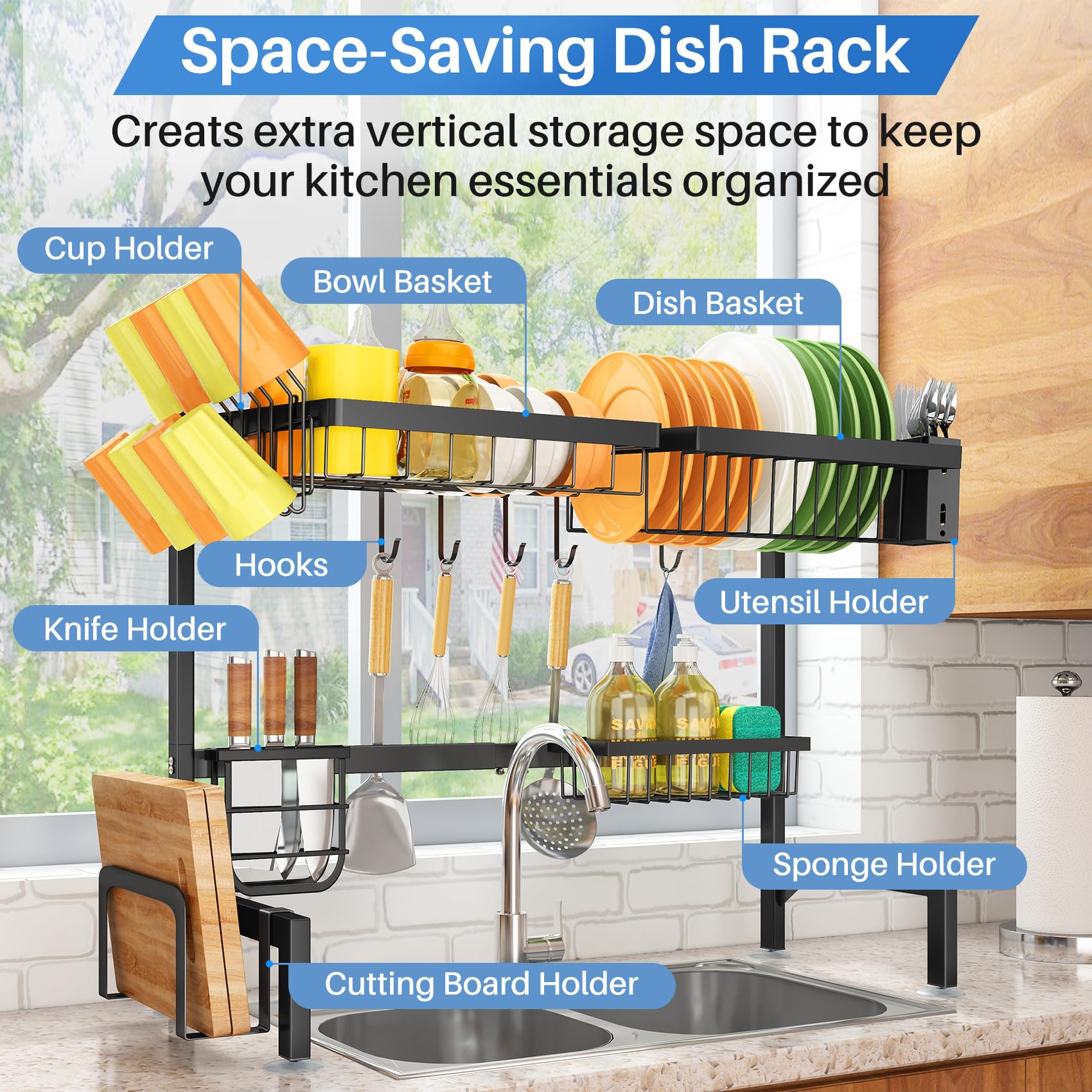 SNTD Over The Sink Dish Drying Rack, Width Adjustable (26.8" to 34.6") 2 Tier Dish Rack Drainer for Kitchen Counter Organization and Storage, Utensil Sponge Holder Sink Caddy Dryer Rack Black