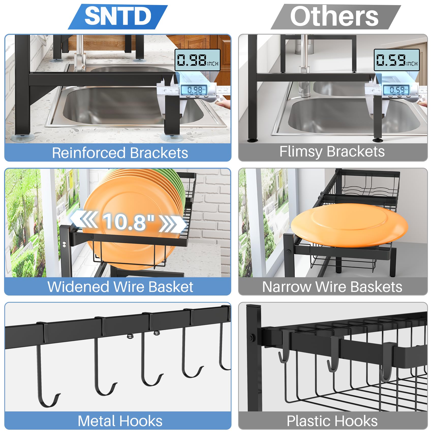 SNTD Over The Sink Dish Drying Rack, Width Adjustable (26.8" to 34.6") 2 Tier Dish Rack Drainer for Kitchen Counter Organization and Storage, Utensil Sponge Holder Sink Caddy Dryer Rack Black
