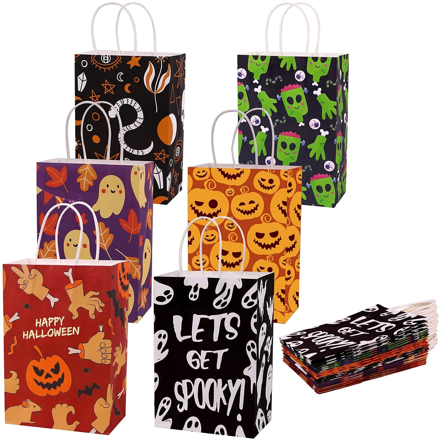 DIYDEC 24pcs Halloween kraft gift bags,Halloween goodies paper bags Bulk with handles for Halloween party supplies