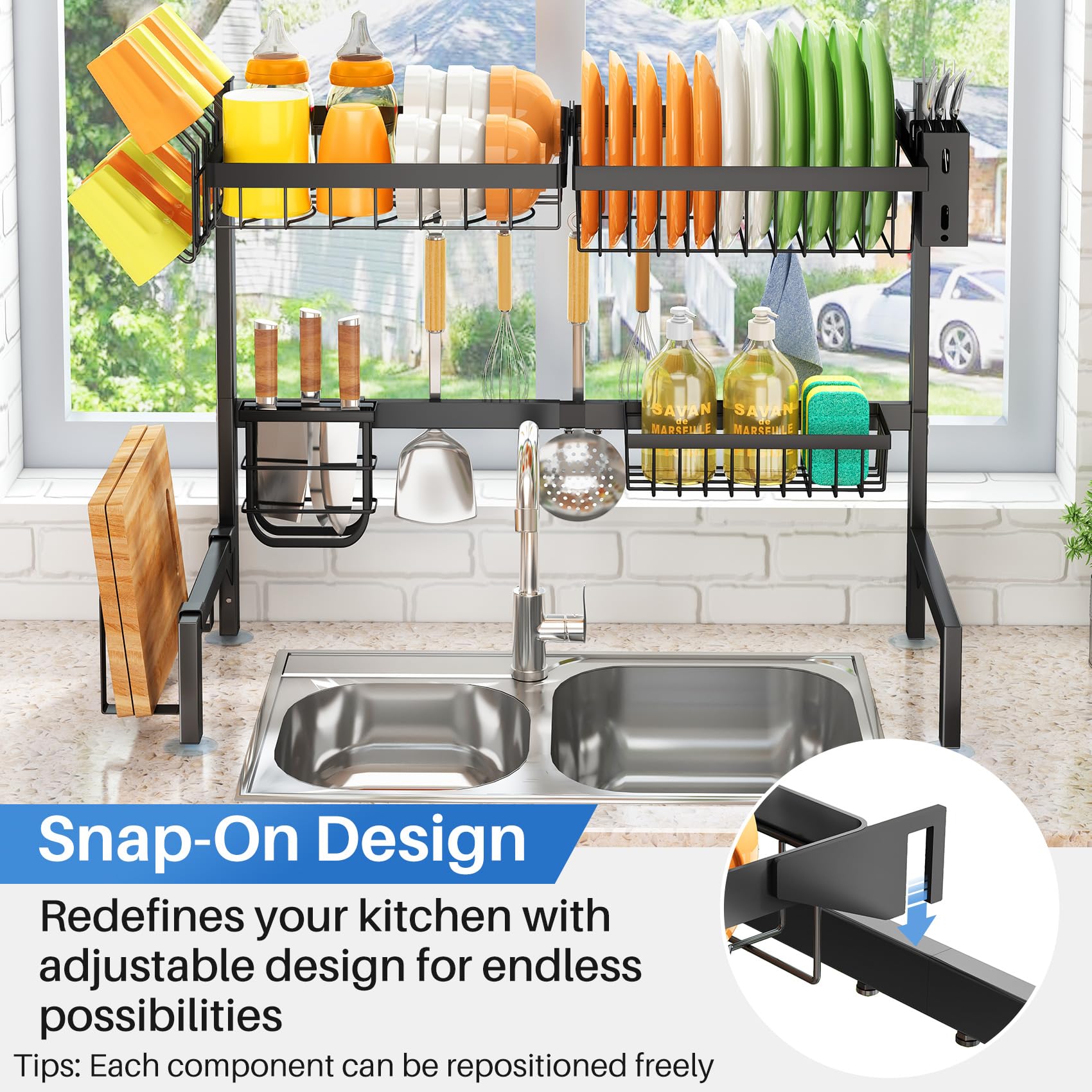 SNTD Over The Sink Dish Drying Rack, Width Adjustable (26.8" to 34.6") 2 Tier Dish Rack Drainer for Kitchen Counter Organization and Storage, Utensil Sponge Holder Sink Caddy Dryer Rack Black