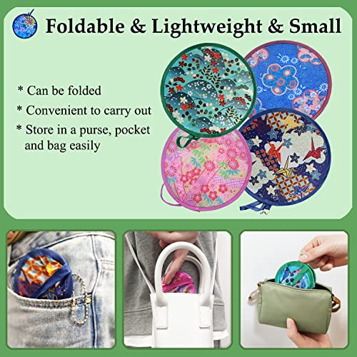 MXY Foldable Fan Round Japanese Style Summer Handheld Folding Fans Festival Wedding Party Decor Home Personal Decoration 4 Units Different Beautiful Patterns