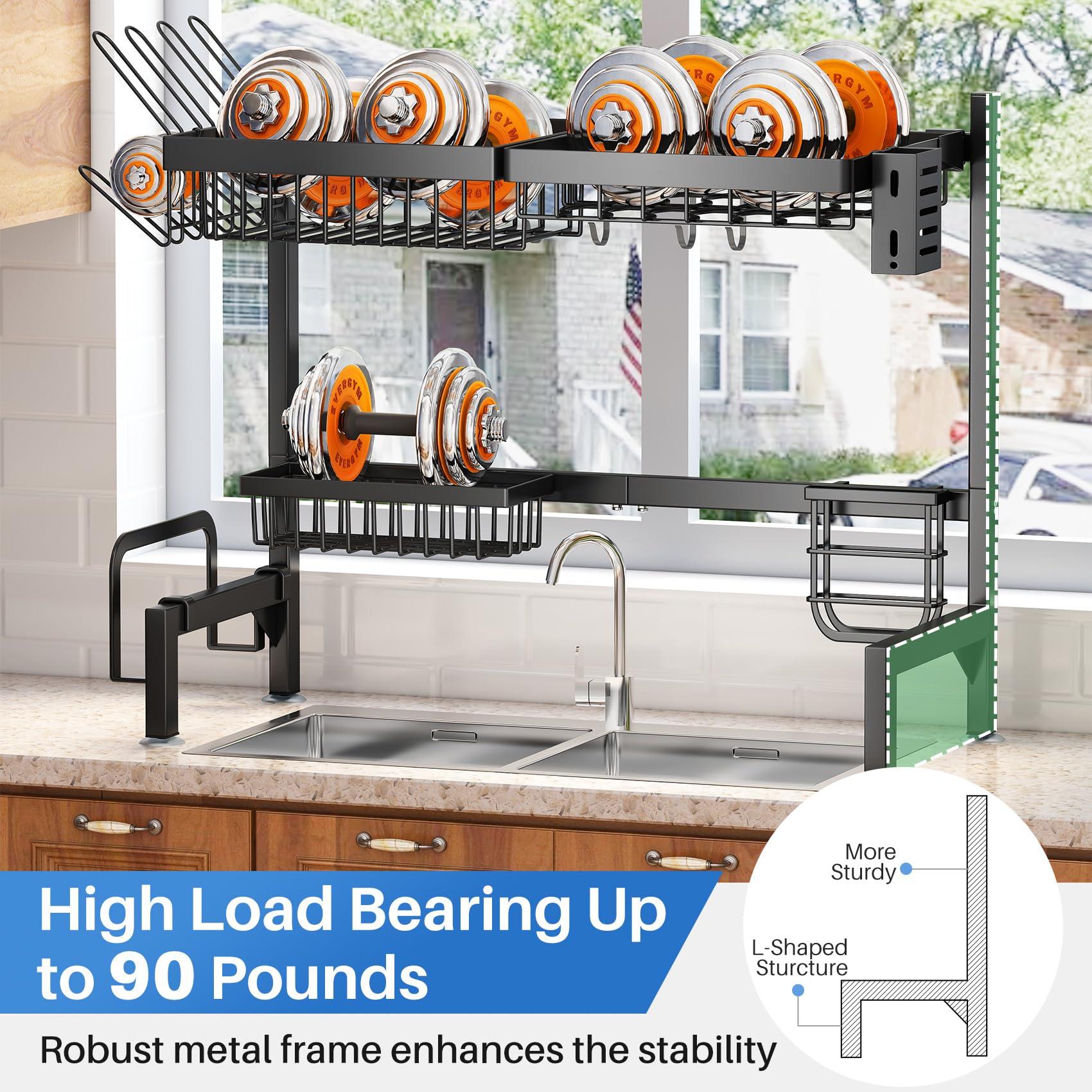 SNTD Over The Sink Dish Drying Rack, Width Adjustable (26.8" to 34.6") 2 Tier Dish Rack Drainer for Kitchen Counter Organization and Storage, Utensil Sponge Holder Sink Caddy Dryer Rack Black