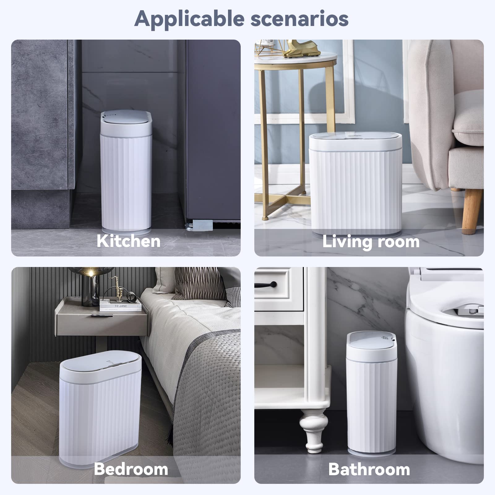 ELPHECO Bathroom Trash Can - 2.5 Gallon Waterproof Sensor Trash Can, 10 Liter Motion Sensor Trash Can, Slim Garbage Bin for Narrow Kitchen and Office Use, White with Grey Trim