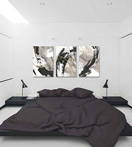 Black and White Canvas Art Wall Decor for Living Room Framed Abstract 3 Piece Gold Gray Print Painting Modern Artwork 16x24in x3