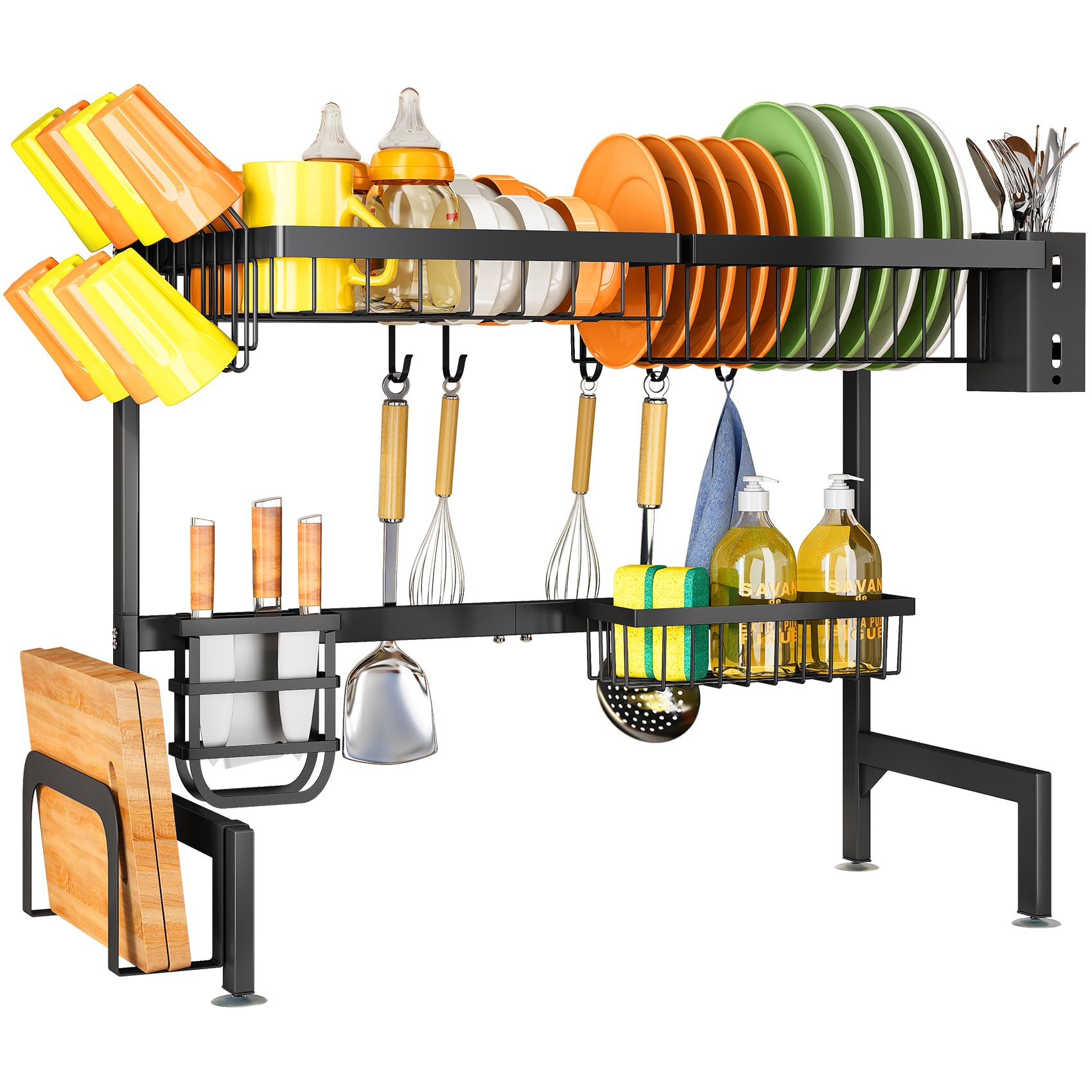SNTD Over The Sink Dish Drying Rack, Width Adjustable (26.8" to 34.6") 2 Tier Dish Rack Drainer for Kitchen Counter Organization and Storage, Utensil Sponge Holder Sink Caddy Dryer Rack Black