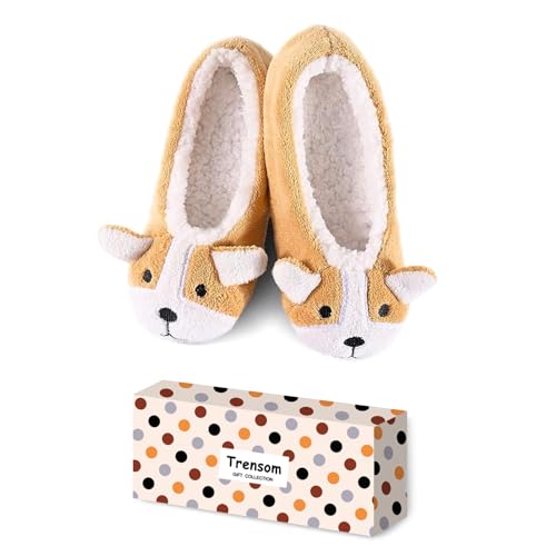 TRENSOM Fun Cute Fuzzy Slipper Socks for Women with Grippers Non Slip House Socks, Corgi Fuzzy Socks Fuzzy Animal Socks Corgi Gifts for Corgi Lovers