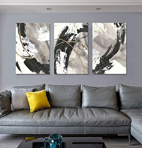 Black and White Canvas Art Wall Decor for Living Room Framed Abstract 3 Piece Gold Gray Print Painting Modern Artwork 16x24in x3