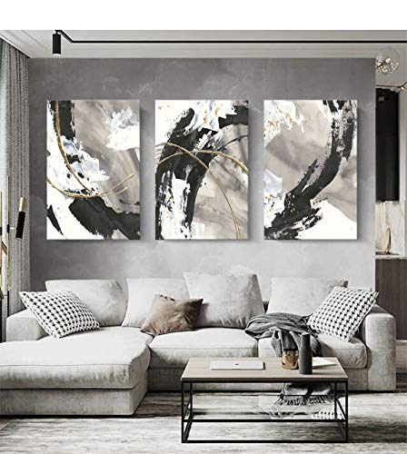 Black and White Canvas Art Wall Decor for Living Room Framed Abstract 3 Piece Gold Gray Print Painting Modern Artwork 16x24in x3