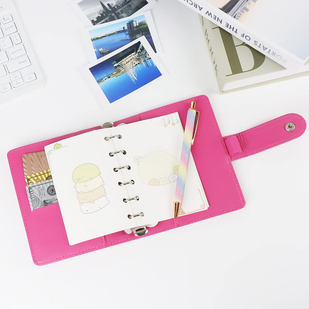 A7 Planner Binder, Rose Red PU Leather Binders with 6pcs Binder Dividers and 12pcs Zipper Binder Pouch Set, 6 Rings Snap Button Closure Loose Leaf Budget, Envelopes System, File Folders (Rose Red)