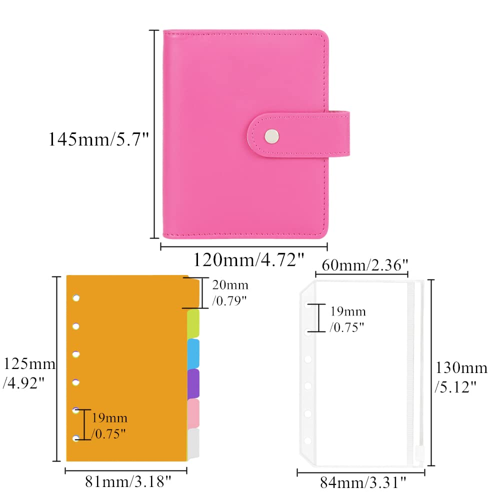 A7 Planner Binder, Rose Red PU Leather Binders with 6pcs Binder Dividers and 12pcs Zipper Binder Pouch Set, 6 Rings Snap Button Closure Loose Leaf Budget, Envelopes System, File Folders (Rose Red)