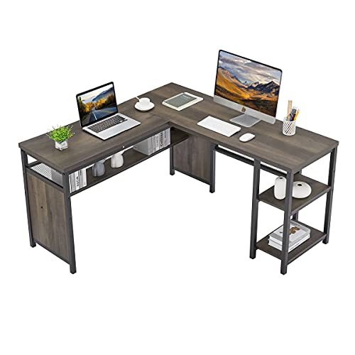 FATORRI L Shaped Computer Desk, Industrial Home Office Desk with Shelves, Rustic Wood and Metal Corner Desk (Walnut Brown, 59 Inch)