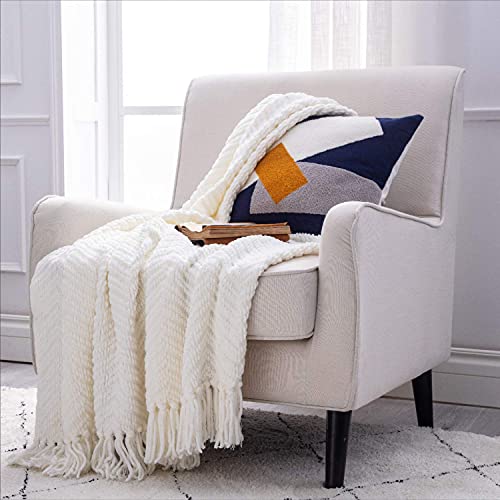Bedsure Throw Blanket for Couch – Cream White Versatile KnitWoven Chenille Blanket for Chair – Super Soft, Warm & Decorative Blanket with Tassels for Bed, Sofa and Living Room (Ivory, 50 x 60 inches)