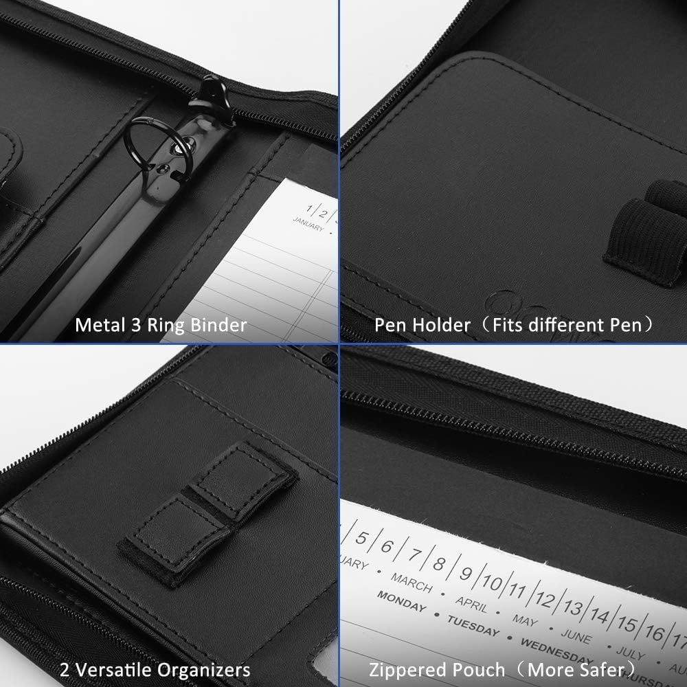 OOWOLF Padfolio Portfolio Folder, PU Leather Professional with Round Ring Binder 8.5 x 11 Inch Writing Pad Tablet Sleeve Interview Resume Document Organizer Business Card Holder Zippered Closure