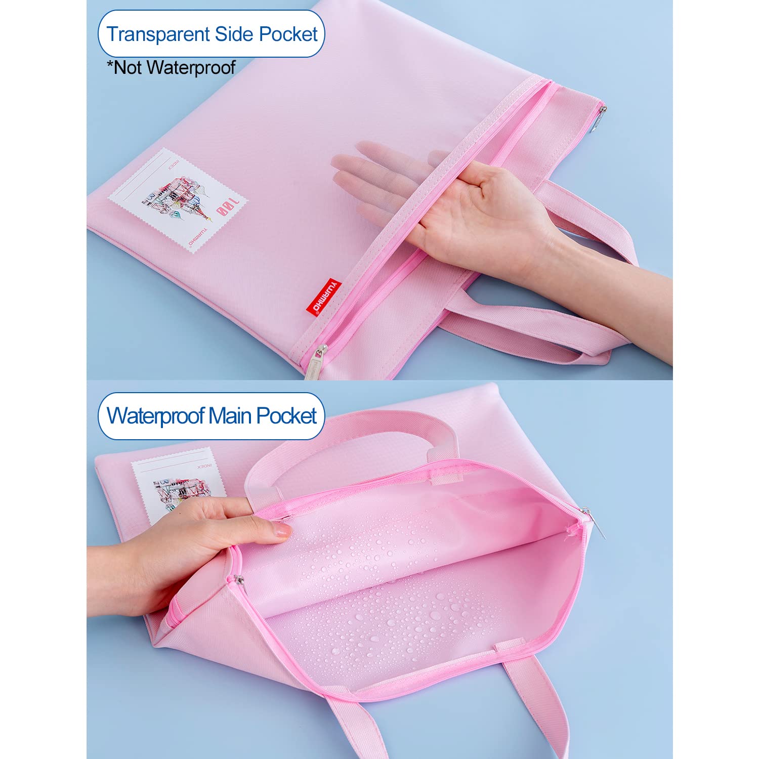 pendancy Mesh Zipper Pouch 11x13.7 in, Large Double Pocket Waterproof File Bag with Handle, A4 Size Foldable Document Storage for Puzzle Project/Cross Stitch/Travel/Office(Pink)